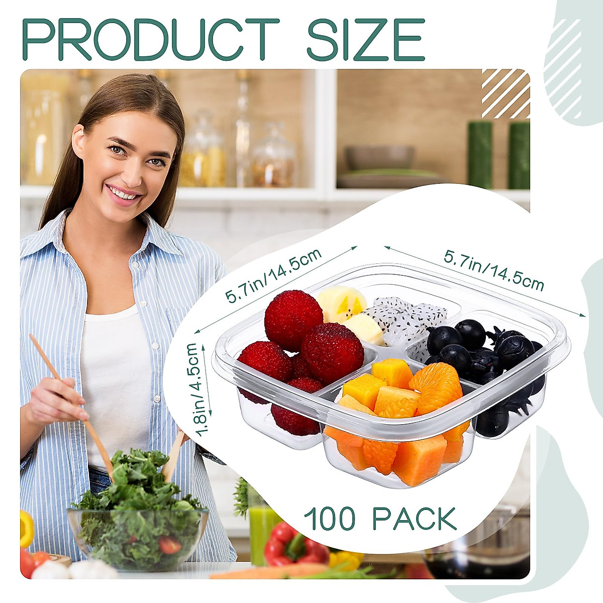 Domensi 100 Pcs 4 Compartment Food Containers Clear Plastic Bento Boxes Snack Meal Box Containers with Lids Divided Food Storage Containers for Adults School Work Travel, 5.7 x 5.7 x 1.8 Inch