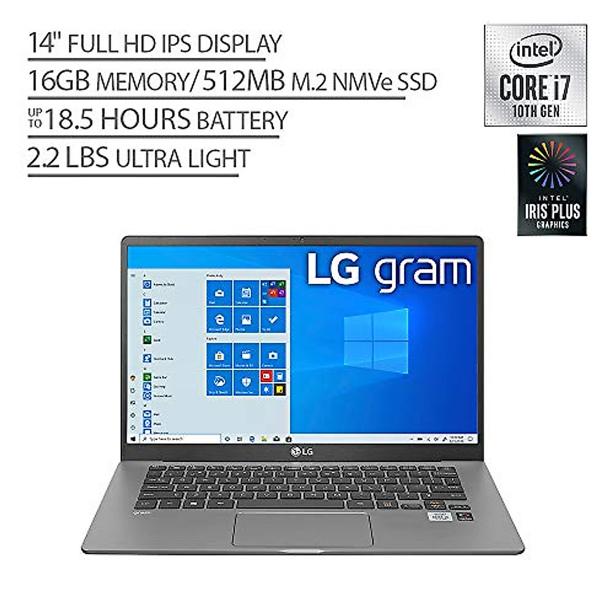LG Gram Laptop - 14" Full HD IPS Display, Intel 10th Gen Core i7-1065G7 CPU, 16GB RAM, 512GB M.2 MVMe SSD, Thunderbolt 3, 18.5 Hour Battery Life - 14Z90N (2020)