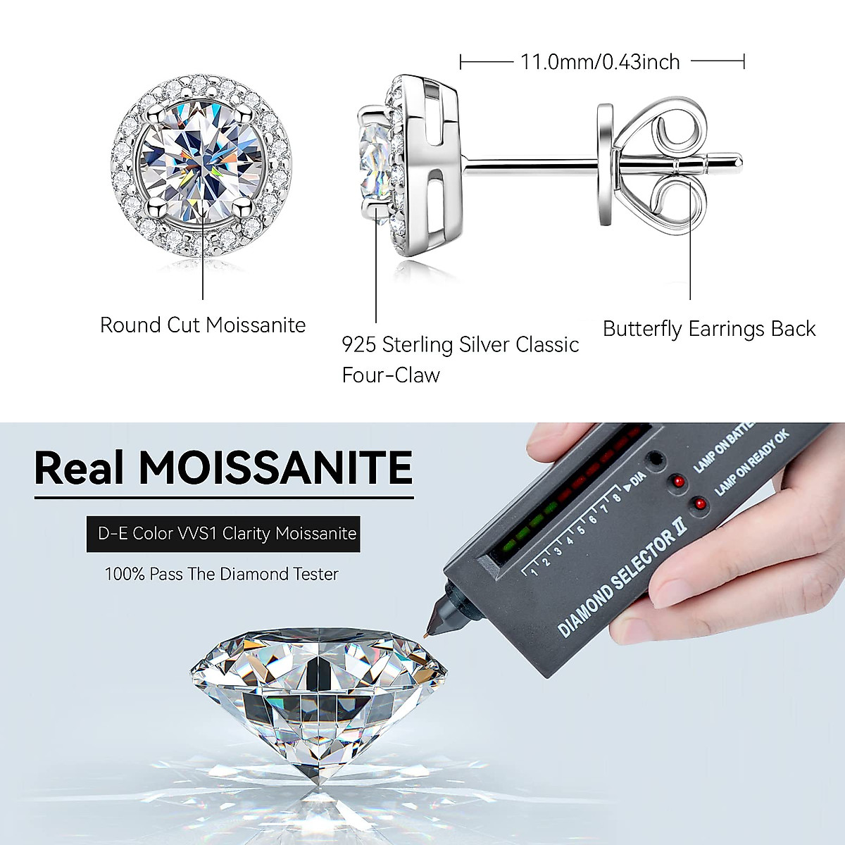 Moissanite Halo Stud Earrings for Women, 925 Sterling Silver Moissanite Diamond Stud Earrings, Hypoallergenic Bezel Earrings for Women Men, 6.5mm/2ct Christmas New Year Gifts