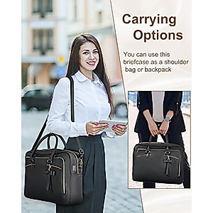 17.3 Inch Laptop Briefcase, Large Convertible Briefcase Backpack for Women, Waterproof PU Leather Women Laptop Bag for Work, 3 in 1 Shoulder Bags Computer Messenger Bag Gift for Business Women, Black