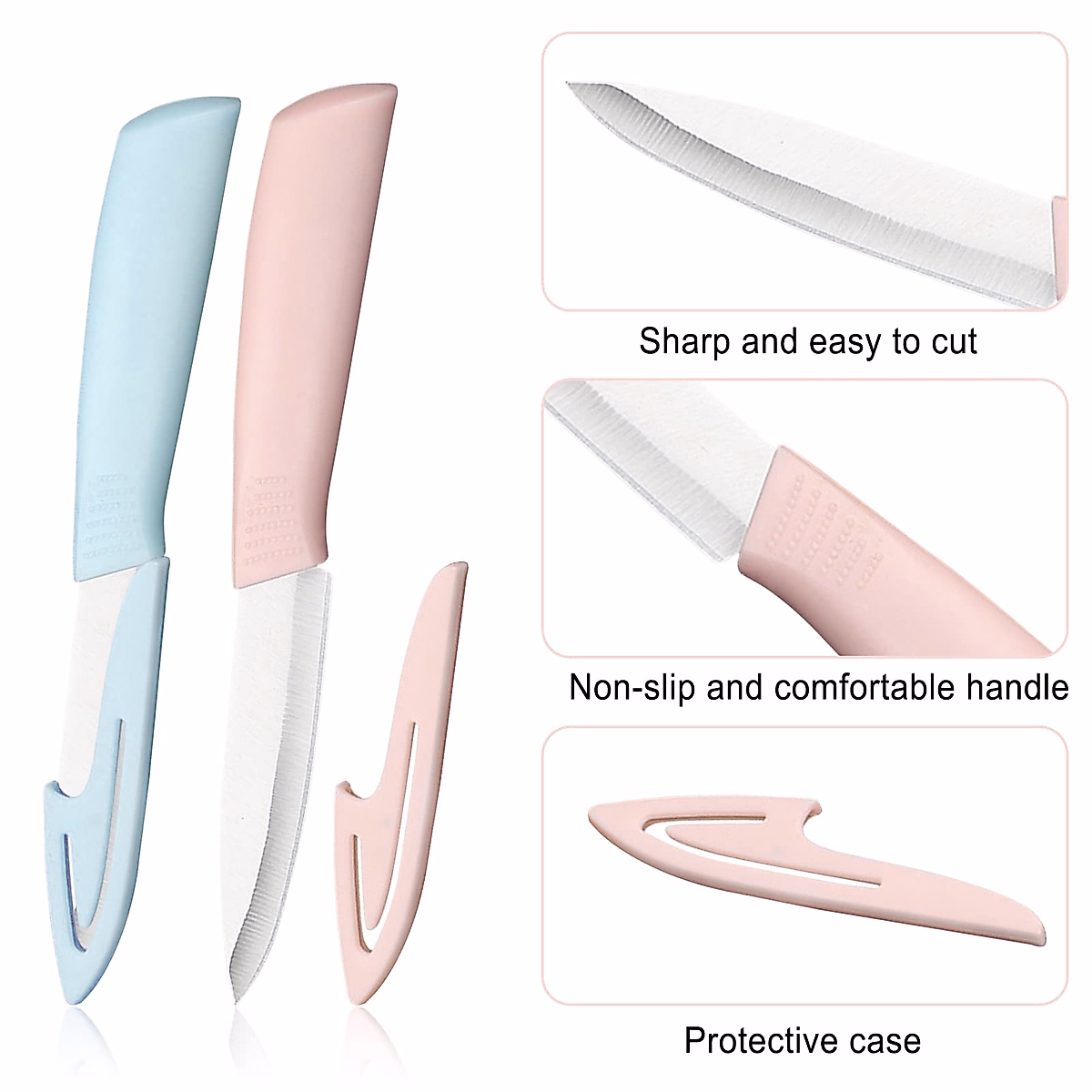 Lomgwumy Paring Knife, 4 Sharp and Durable Fruit Knife, with Scabbard, Exquisite and Beautiful, Fruit Knives Small is Suitable for Most Vegetables, Fruits and Meat (Pink and Blue)