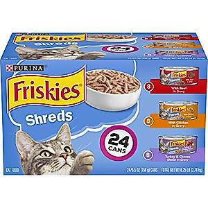 Purina Friskies Gravy Wet Cat Food Variety Pack, Shreds Beef, Chicken And Turkey & Cheese Dinner - (24) 5.5 Oz. Cans