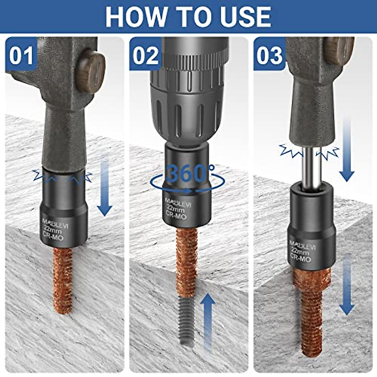 MABLEVI Bolt Nut Extractor Set with Center Punch Bar, 6PCS 1/2" Drive Impact Lug Nut Remover Socket Tool, Wheel Lock Removal Kit for Damaged, Frozen, Studs, Rusted, Rounded-Off Bolts, Nuts & Screws
