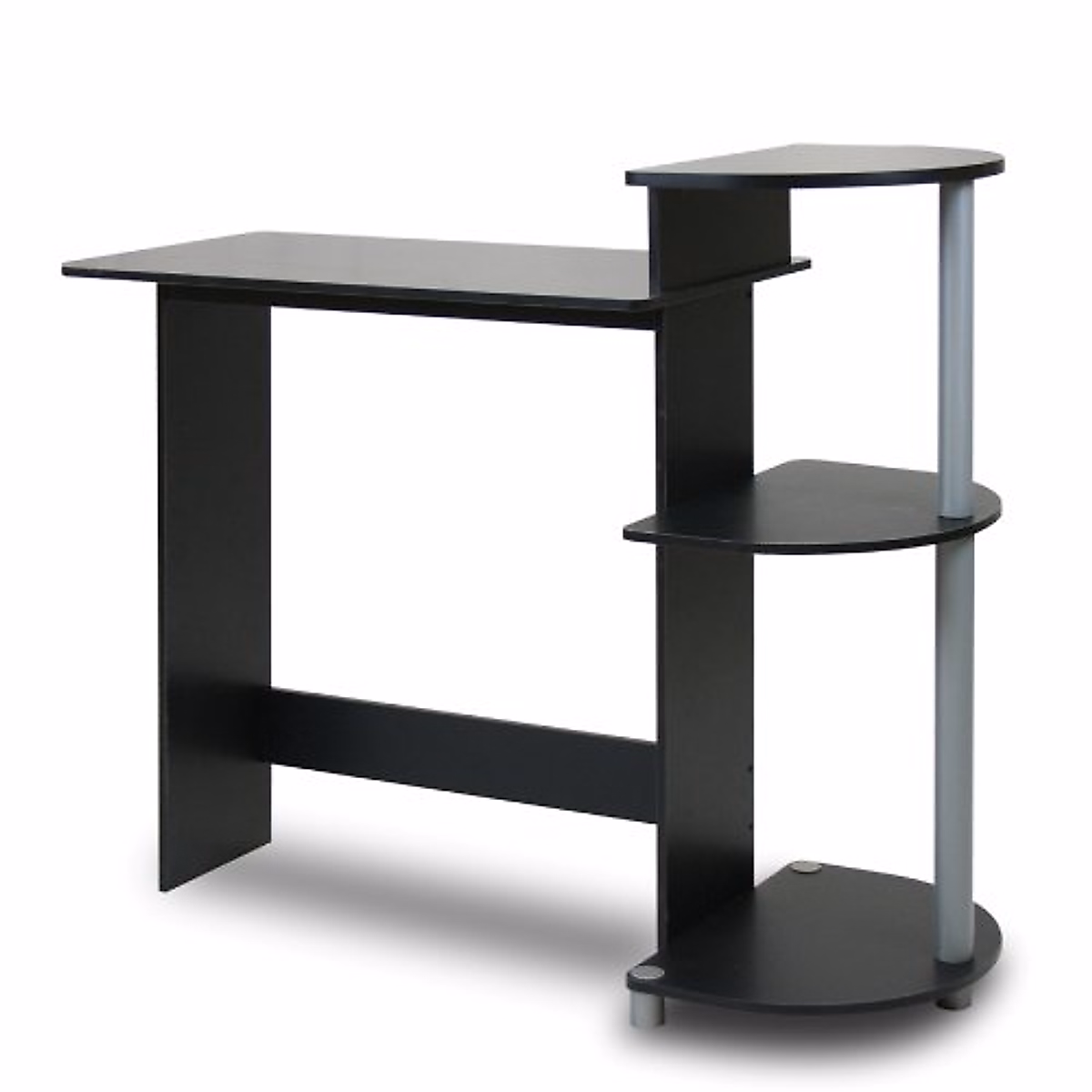 Furinno Compact Computer Desk with Shelves, Round Side, Black/Grey