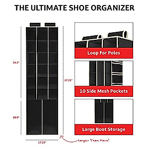 Tidy Zebra Extra Sturdy Hanging Shoe Shelves Holder 20 Shelf Shoes & Tall Boot Storage Pockets Shoe Rack Organizer for Bedroom Closet Kids Room Organization, Best 20 Cubby Shoe Storage Solution