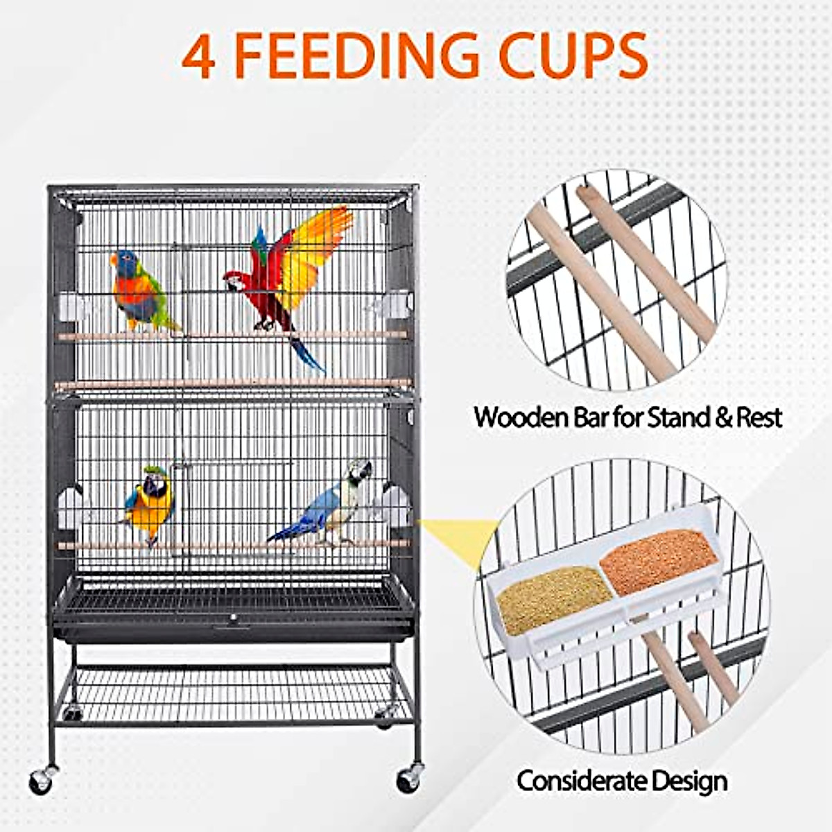SUPER DEAL 52 Inch Rolling Bird Cage Large Wrought Iron Cage for Cockatiel Sun Conure Parakeet Finch Budgie Lovebird Canary Medium Pet House with Rolling Stand & Storage Shelf