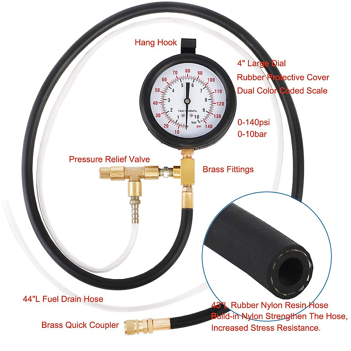 JIFETOR Fuel Injection Pump Pressure Tester Gauge Kit, Car Gasoline Gas Fuel Oil Injector Test Manometer Tool Set 0-140PSI, Universal for Auto Truck SUV Motorcycle ATV RV SUV
