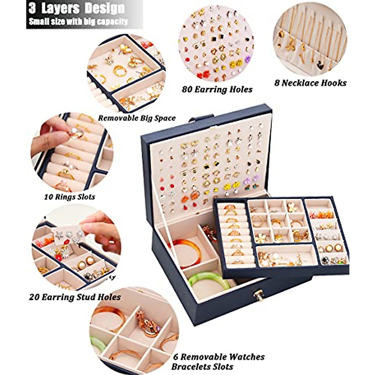 QBestry Stud Earring Organizer for Women Girl Mens Jewelry Box for Earrings Necklace Jewelry Organizer,Girls Earring Box for Womens Necklace Holder Rings Organizer Bracelet Earring Storage Case,Blue