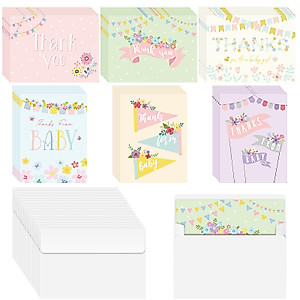 Motiskyy 36 Pack Baby Shower Thank You Cards with Envelopes Floral Thank You Blank Cards for Baby Shower Birthday Supplies, 4 x 6 Inch