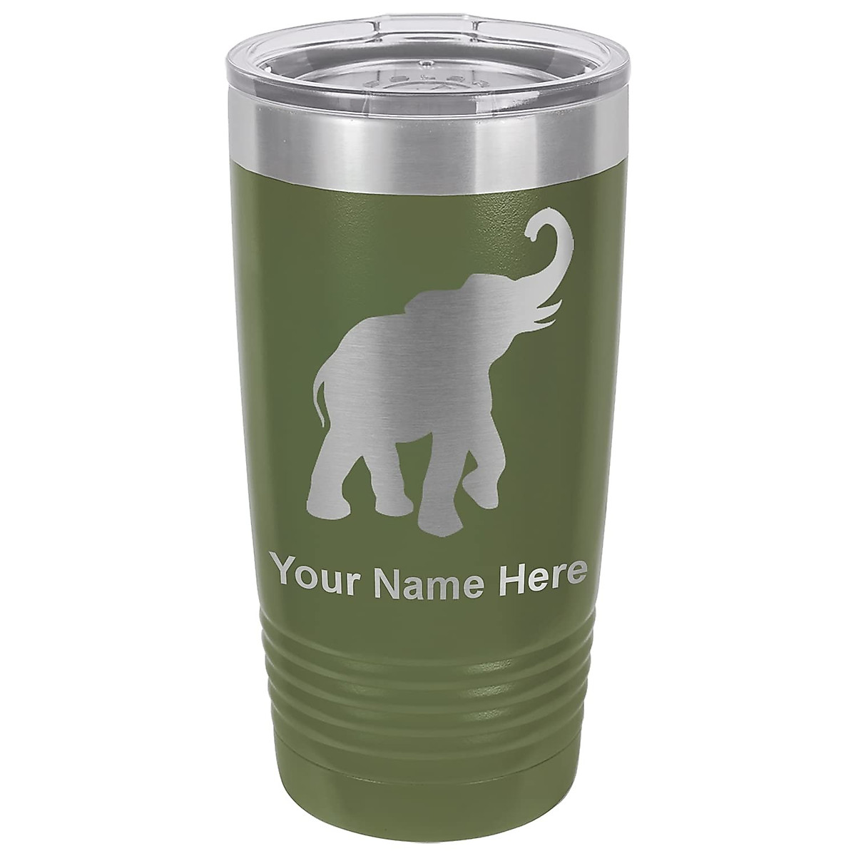 LaserGram 20oz Vacuum Insulated Tumbler Mug, Indian Elephant, Personalized Engraving Included (Camo Green)