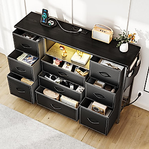 Yenlure Black Dresser for Bedroom Dresser with LED Lights and Charging Station, LED Dresser TV Stand with Drawers Hanging Storage Bag PU Finish, Chests of Drawers for Bedroom Adult, Women, Mens.