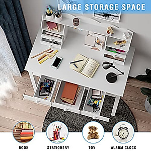 ADORNEVE Writing Desk with 7 Drawers, Home Office Desk with Hutch,Student Desk Study Table, Small White Desk, Solid Pine Wood Legs