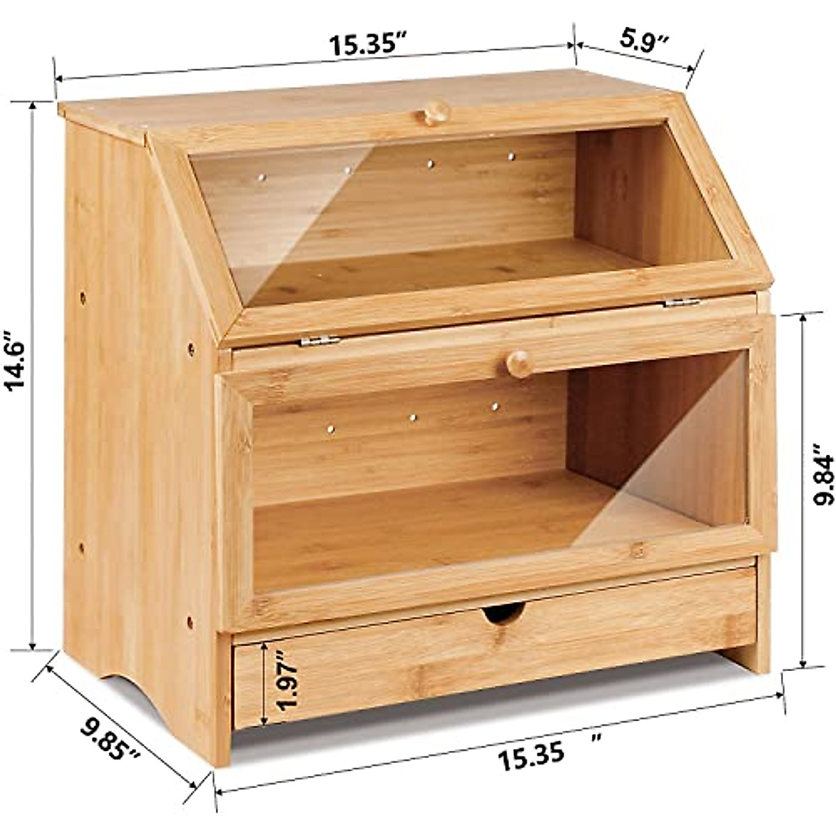 HOMEKOKO Large Bamboo Two-layer Bread Box With Drawer, Double Layers Large Bread Box for Kitchen Counter, Wooden Large Capacity Bamboo Bread Food Storage Bin (NATURAL)