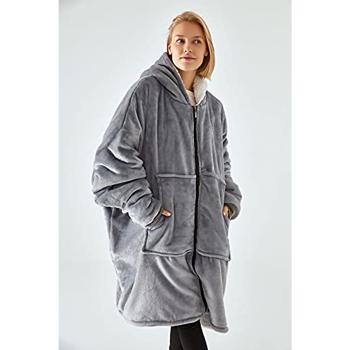 Sviwdsk, Weighted Blanket Sweatshirt for Women and Men,Traveling and Outdoor Activities Zip Up Blanket Hoodie,Thick Flannel Fuzzy Blanket with Sleeves and Giant Pocket,39x36,Gray, Adult