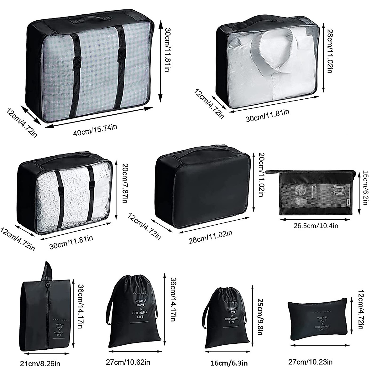 HOMLYNN 9Pcs Packing Cubes for Suitcase, Multifunction Waterproof Travel Organizer Storage Bags, Cosmetic Bag Packing Box, Shoe Bag, USB Cable Bag (Black)