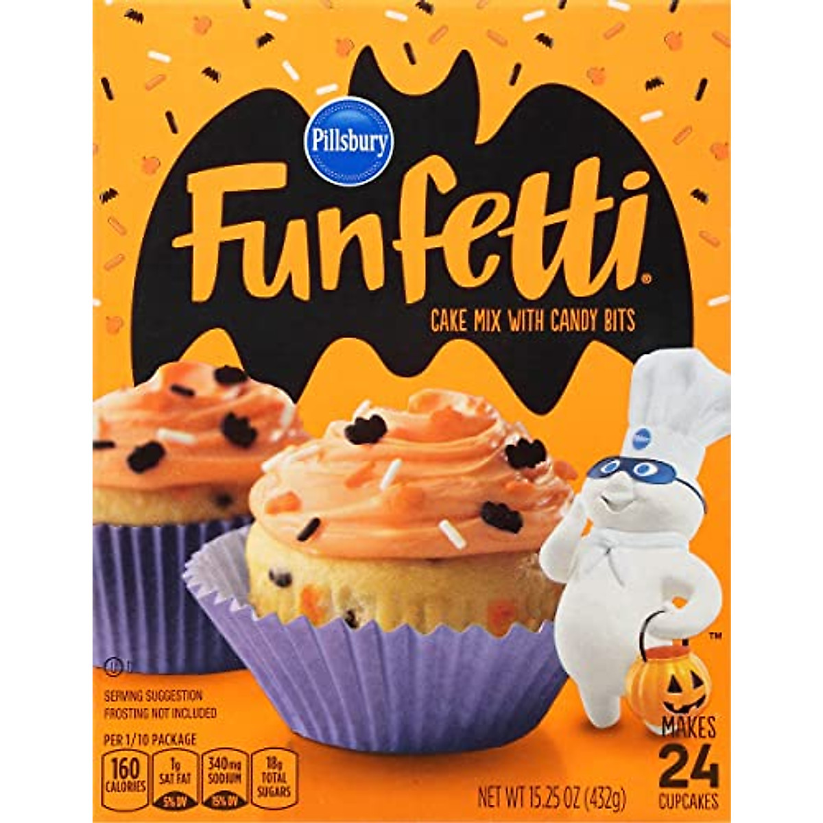 Pillsbury Funfetti Halloween Bundle, 2 Cake Mixes with Candy Bits, 1 of each Frosting with Sprinkles, Black Chocolate and Orange Vanilla (Pack of 4) with By The Cup Spreader