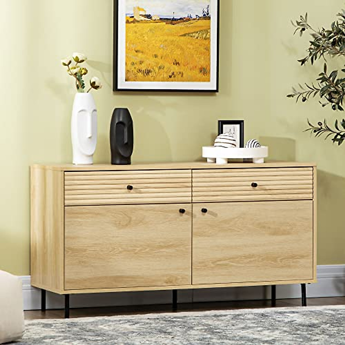 HOMCOM Sideboard Buffet Cabinet with Ribbed Texture, Woodgrain, Kitchen Cabinet, Coffee Bar Cabinet with Storage Drawers, Natural