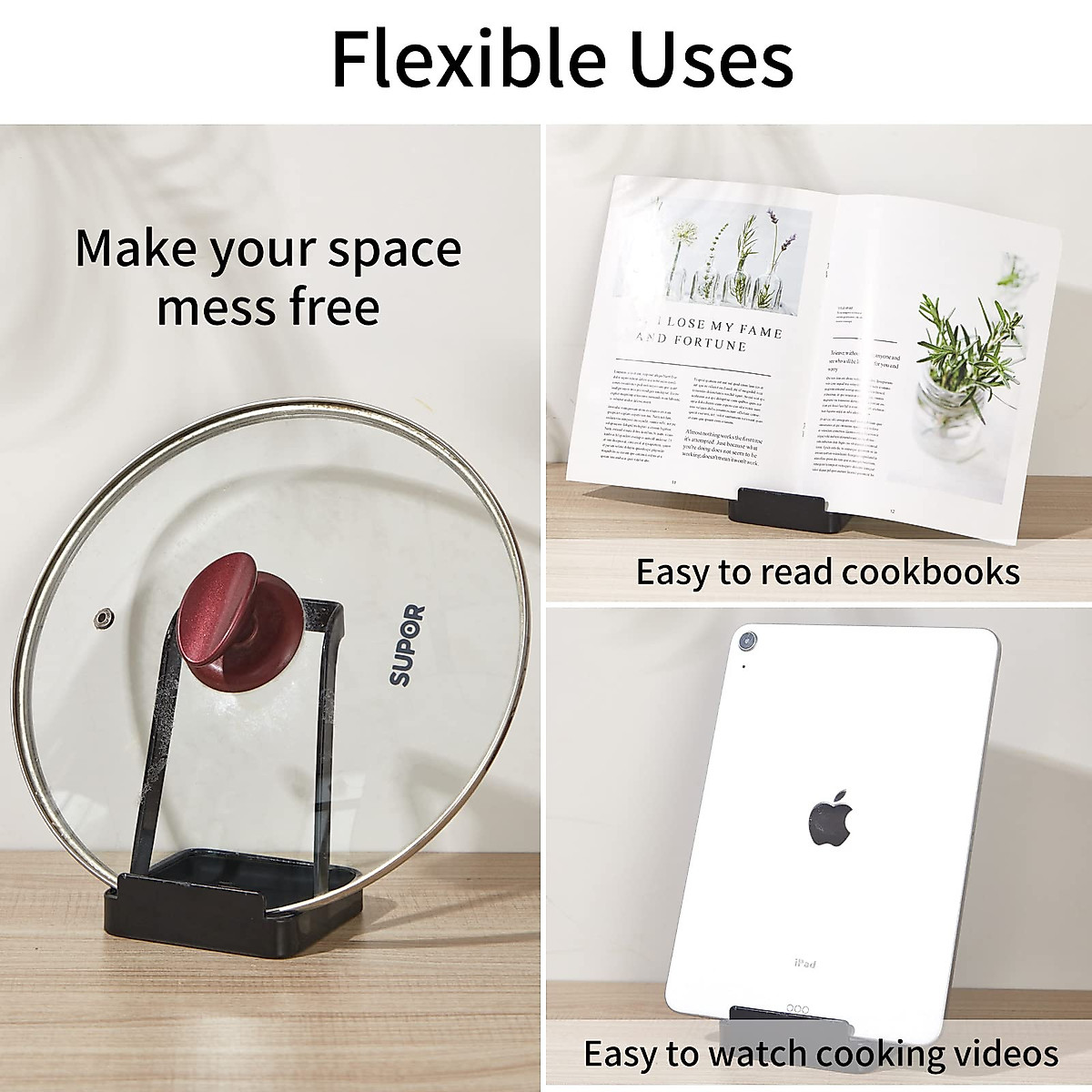 Haosuny Pan Lid Holder - Lid Storage Manager, Kitchen Counter Top Organizer, Kitchen Appliances,Tablet Computer Rack, Cooking Book Shelf (Black)