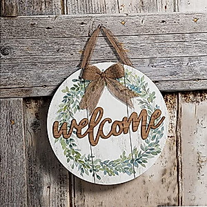 Barnyard Designs Rustic Wood Hanging Welcome Sign for Front Door or Covered Outdoor Porch, Farmhouse Home Decor, White 12” x 12”