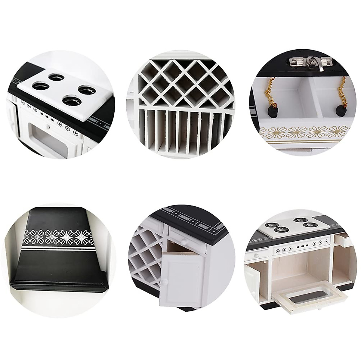 1:12 Scale Mini House Wooden Furniture Miniature Kitchen Cabinet Mini Bar Counter Furniture Set (White and Black)