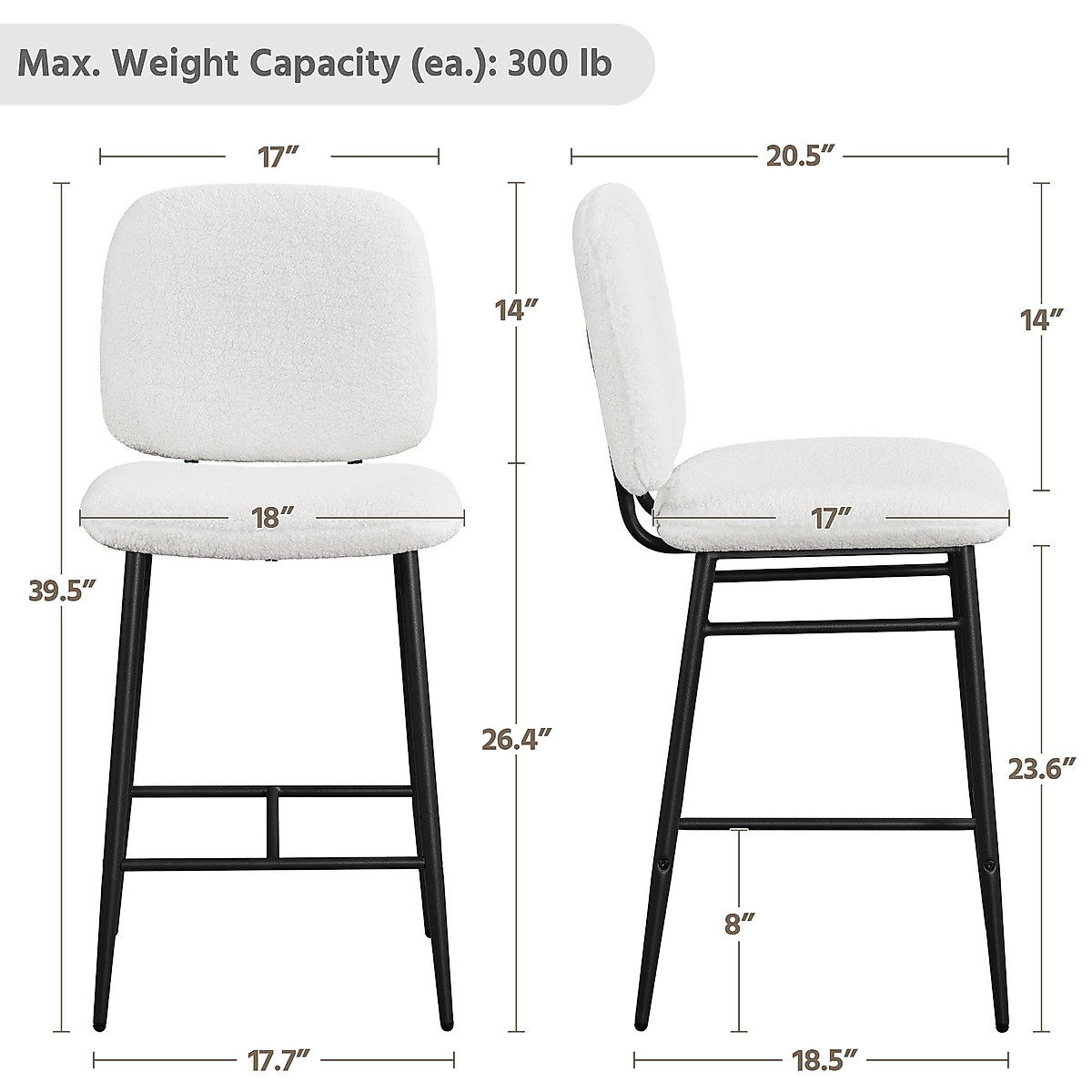 Yaheetech Bar Stools Set of 4 Boucle Stool Fabric Counter Height Bar Stools Upholstery Bar Chairs with Metal Legs for Pub Kitchen Dining Room Bar, White