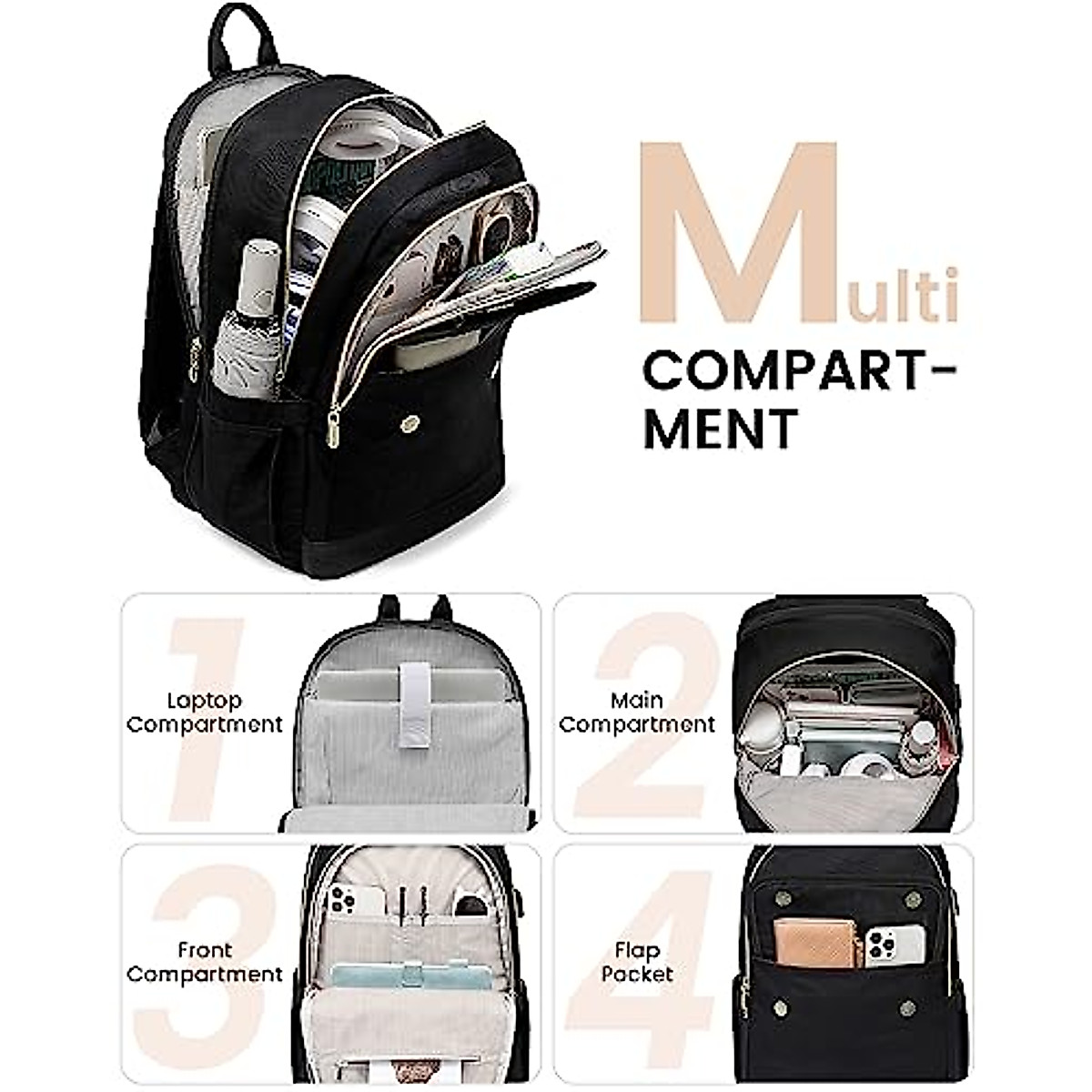 LOVEVOOK Laptop Backpack for Women,15.6 Inch Fashion Travel Backpack,Large Capacity Backpack Purse with USB,Water-resistant fits College Work Business Travel （Black）