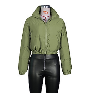 Alunzoem Womens Winter Jacket Long Sleeve Stand Collar Cropped Down Coat Outerwear Green XL