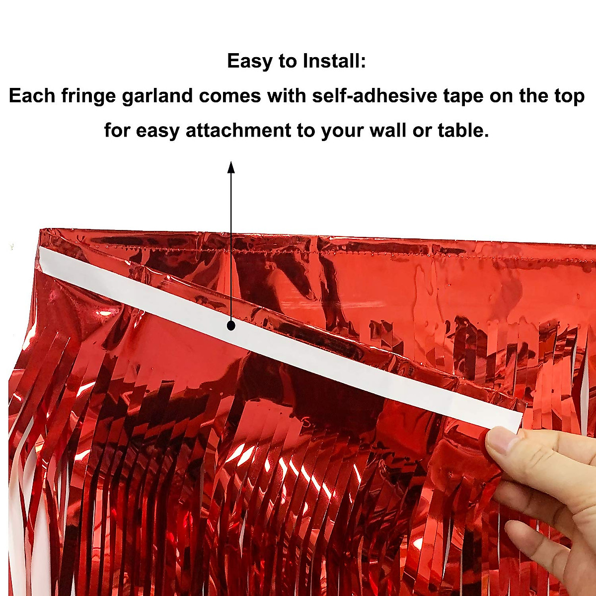 Blukey 10 Feet by 15 Inch Red Foil Fringe Garland - Pack of 4 | Shiny Metallic Tinsel Banner | Ideal for Parade Floats, Bridal Shower, Bachelorette, Wedding, Birthday, Christmas | Wall Hanging Drapes