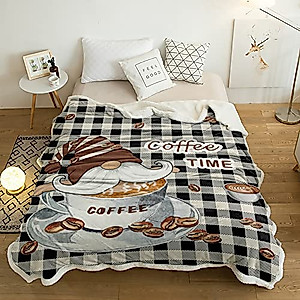 Sherpa Fleece Throw Blanket,Coffee Gnome Black Checker Retro Linen Soft Reversible Flannel Throws for Couch Sofa Bed,Dwarf Espresso Warm Cozy Blankets for Travel,Camping,Home Decor 40x50In