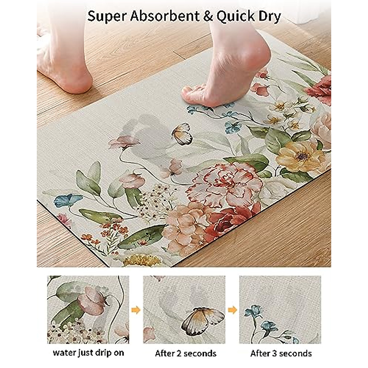 Retro Flowers Bath Mat for Tub,Non Slip Bathroom Floor Runner Rug Quick Dry & Absorbent Diatomaceous Earth Kitchen Shower Sink Washable Doormat,Rustic Fall Winter Rose Florals Spring Plant 20"x32"