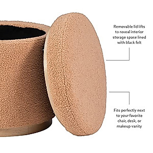 Linon Lexington Tan Sherpa Round Storage Ottoman with Wood Accent