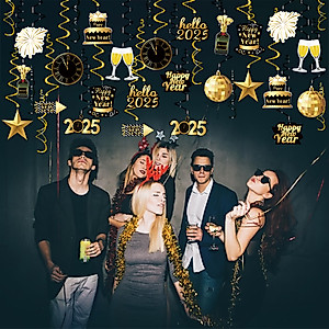 Tifeson 36 Pcs Happy New Year Decorations Hanging Swirls - Happy New Year Decorations 2025 - New Year's Eve Party Decorations Supplies 2025 for Home Office Ceiling (Black and Gold)