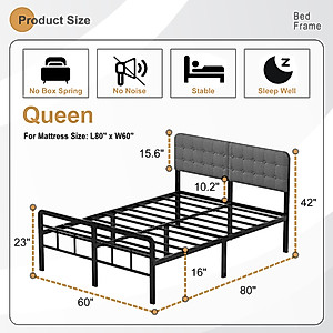 EMODA 16 Inch Queen Bed Frame with Upholstered Headboard and Metal Footboard, Heavy Duty Metal Slats Support Mattress Foundation, No Box Spring Needed, Easy Assembly