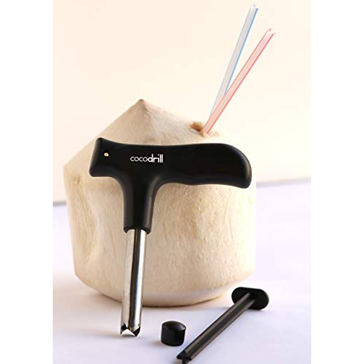 CocoDrill Coconut Opener Tool + 3 Reusable Straws -COMBO PACK - Stainless Steel Drinking Straw + Cleaner - Eco Friendly, SAFE, NON-TOXIC