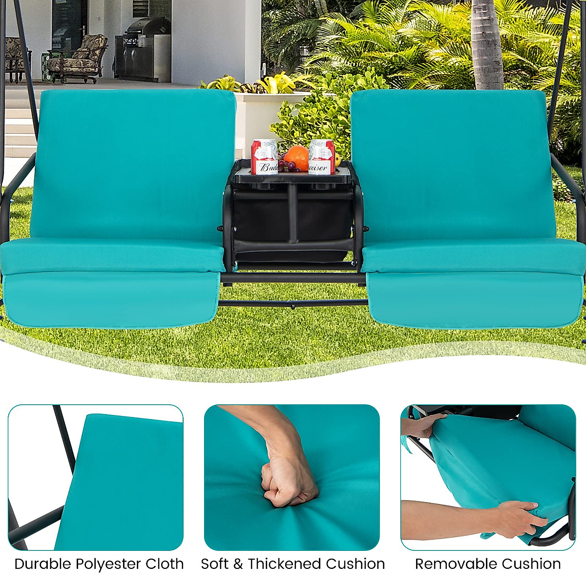 Tangkula 2 Person Porch Swing, Outdoor Swing with Pivot Storage Table, Cooler Bag, 2 Cup Holders, Removable Cushions, Patio Swing with Canopy for Backyard Balcony Poolside (Turquoise)