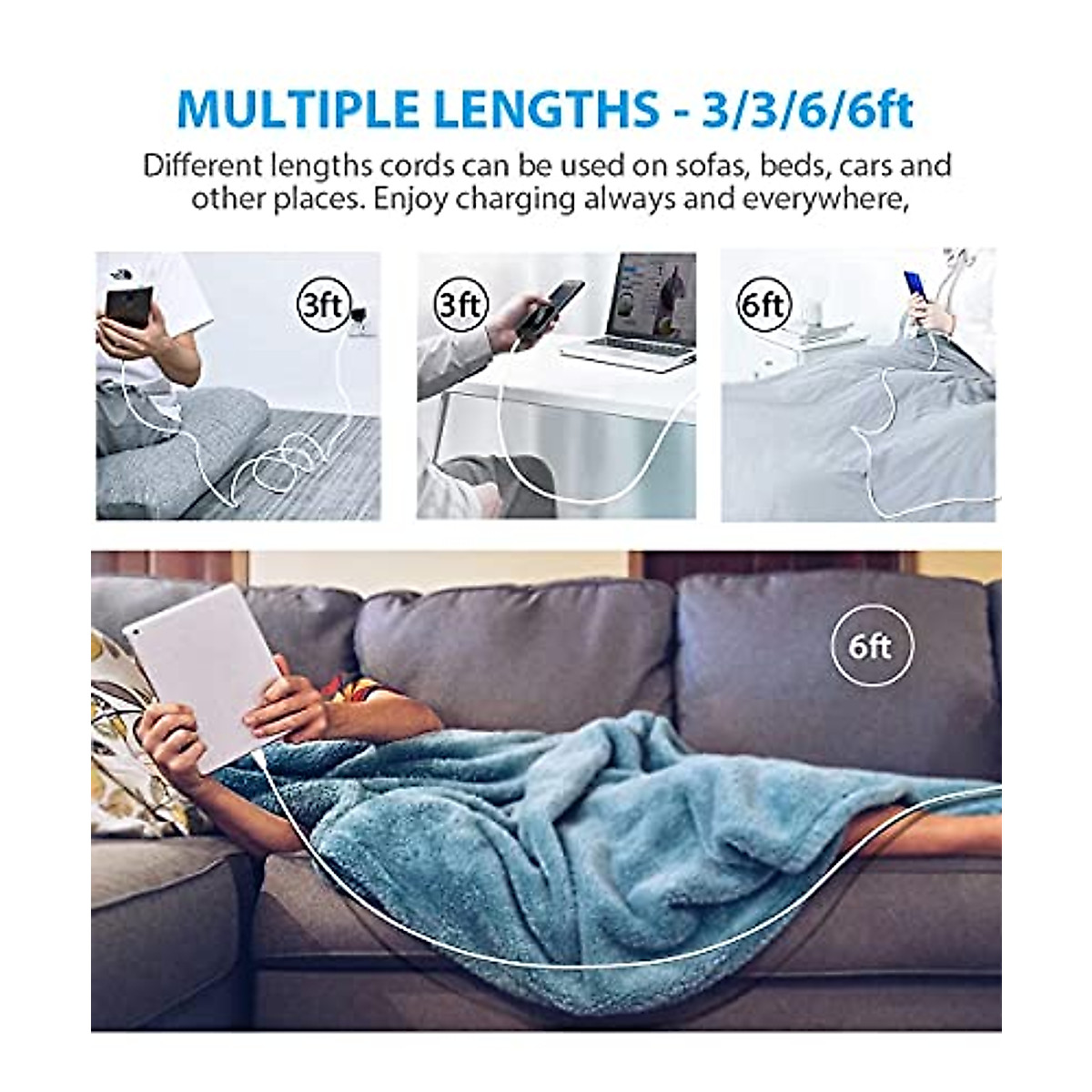 Terasako Magnetic Fast Charging Cable 4-Pack [3ft/3ft/6ft/6ft], 3A Phone Charger Cable with Data Transfer and LED Light, 360°& 180° Rotating Cords Compatible with Micro USB, USB C and iProduct