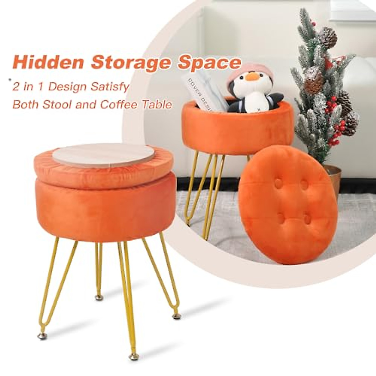 YLCHHOMY Round Vanity Stool with Storage, Velvet Storage Ottoman Footrest Stool Chair Holds up to 300 lb Small Soft Makeup Stool Modern Dressing Stool for Bedroom, Living Room, Bathroom -Orange