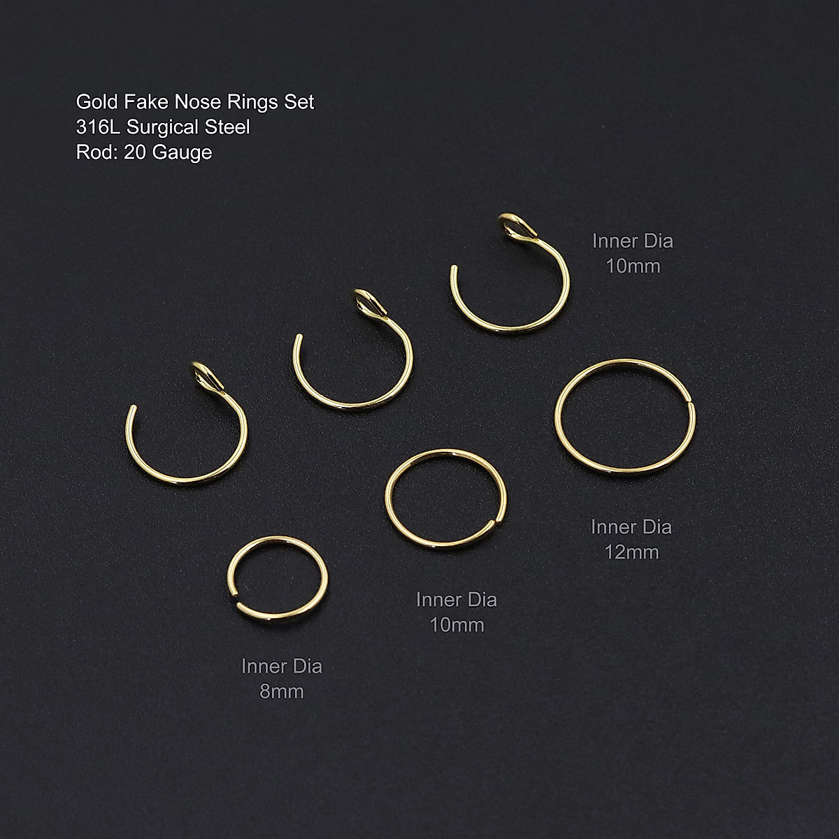 PiercingArt 18Pcs Fake Nose Rings 14K Gold Plated Non Piercing Nose Cuff Set Clip On Nose Ring Hoop Faux Nose Piercing Jewelry for Women Girls