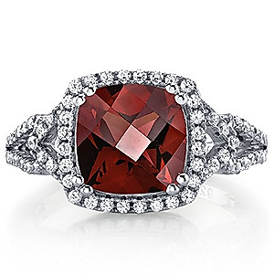 PEORA Garnet Enchanting Halo Solitaire Ring for Women 925 Sterling Silver, Natural Gemstone Birthstone, 2.50 Carats Cushion Cut 8mm, Size 9