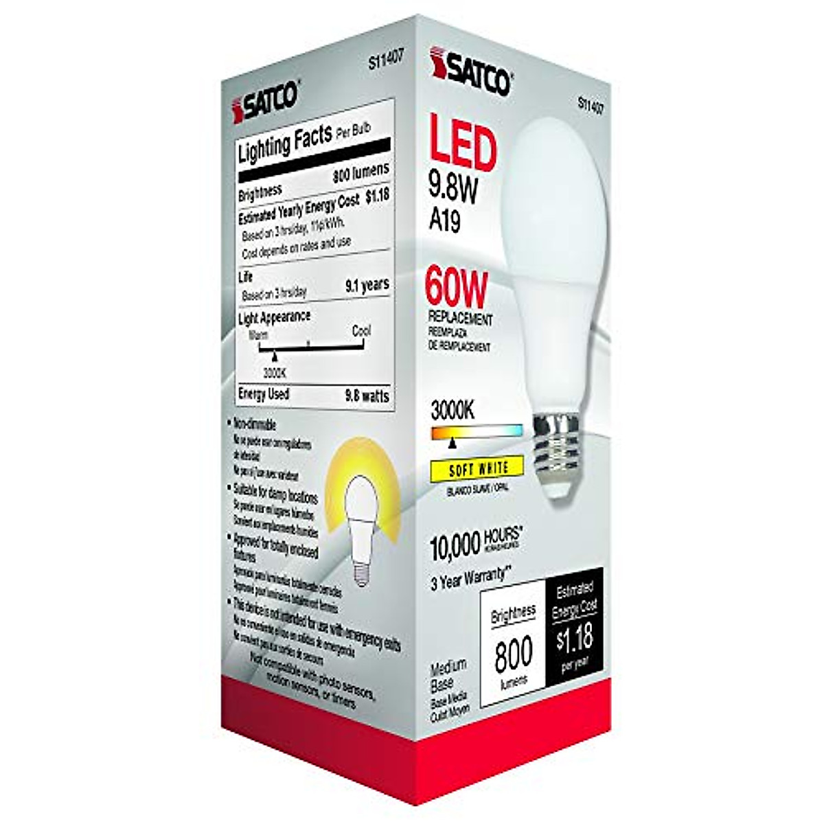 Satco 11407 Econo LED A19 Light Bulb, 60W Replacement, 3000K Warm White, 800 Lumens