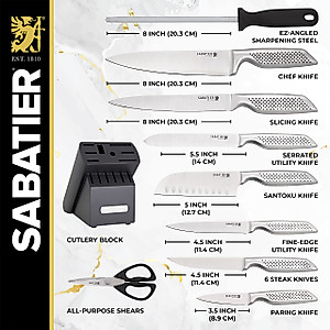 Sabatier Ergonomic Textured, High-Carbon Kitchen Knives, Razor-Sharp Knife Set with Rubberwood Block, Stainless Steel Handle, 15-Piece, Black