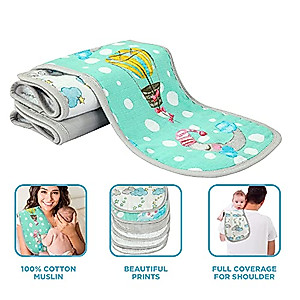 DREAMS & DIMPLES 3 Pack Muslin Burp Cloths - 1 Side Muslin, 1 Side Towel, Gender Neutral Colors, 3 Layered Muslin Burp Rags, Large Wide Shoulder, Absorbent & Soft Burping Cloths (Dream World)