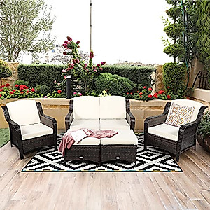 Tangkula 5 Pieces Patio Furniture Set, Outdoor Rattan Conversation Sofa Set with Loveseat, Single Sofas and Ottoman, Sectional Sofa Set with Removable Cushions for Backyard, Balcony, Lawn (Beige)