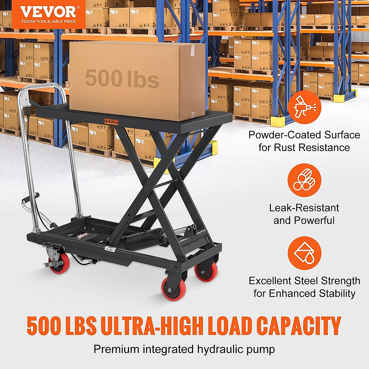 VEVOR Hydraulic Lift Table Cart, 500lbs Capacity 28.5" Lifting Height, Manual Single Scissor Lift Table with 4 Wheels and Non-Slip Pad, Hydraulic Scissor Cart for Material Handling, Black