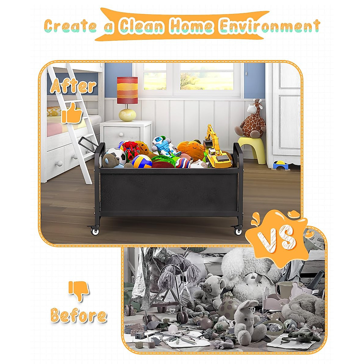 Ardier 80L Large Kids Toy Box with Wheels, Toy Chest Storage Organizer for Toddlers, Boys, Girls, Toy Storage Bin for Stuffed Animals, PlayRoom, Bedroom, Nursery, Living Room, Black