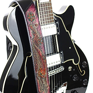 Walker And Williams KB-21 Black & Magenta Carved Grain Leather Strap W/Fire Koi Design