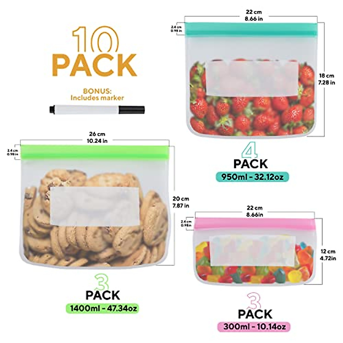 Bssential Reusable Food Silicone Storage Bags with Marker Included - 10 Pack (3 Reusable Gallon Bags + 4 Leakproof Reusable Sandwich Bags + 3 Food Grade Snack Bags) Dishwasher Safe, Leakproof Sandwich Bags, Bags for Lunch, Food Containers & Travel Essenti