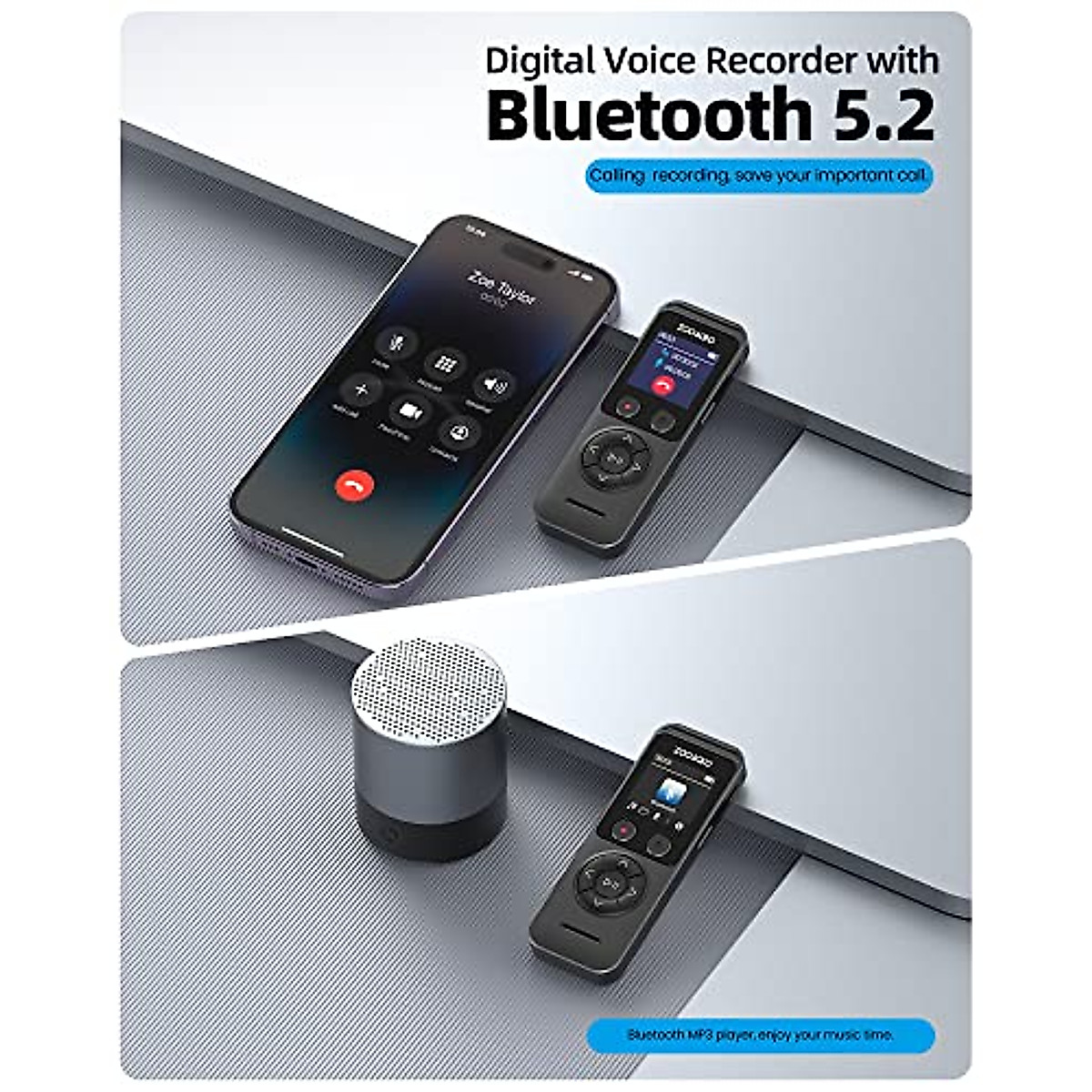 ZOOAOXO 64GB Digital Voice Recorder, Bluetooth Voice Recorder, Dual Microphone, 3072 kbps HD, A-B Repeat, Recording Monitoring, Noise Reduction, Voice Activated Recording
