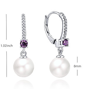 JO WISDOM Pearl Earrings,925 Sterling Silver 3A CZ February Birthstone Amethyst Color 8mm Pearl Leverback Drop Earrings,Jewelry for Women