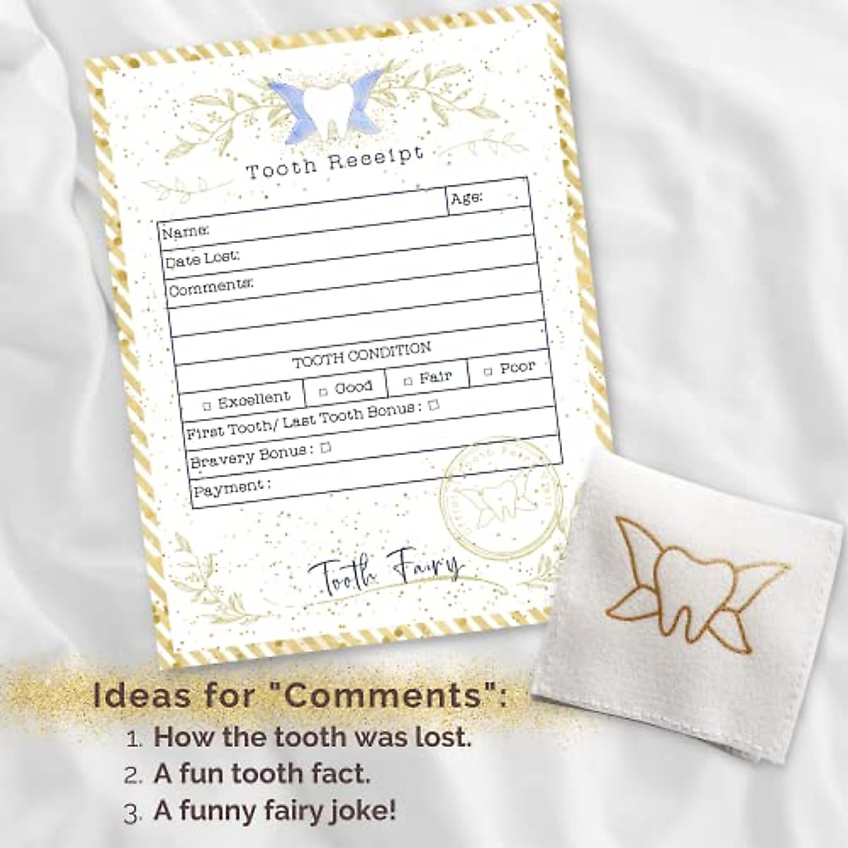 20 Moments of Tooth | 20 Tooth Fairy Receipt Cards and 1 Tooth Fairy Bag | Tooth Fairy Certificate Keepsake for Kids (Light Gold, 4.25x5.5 in)